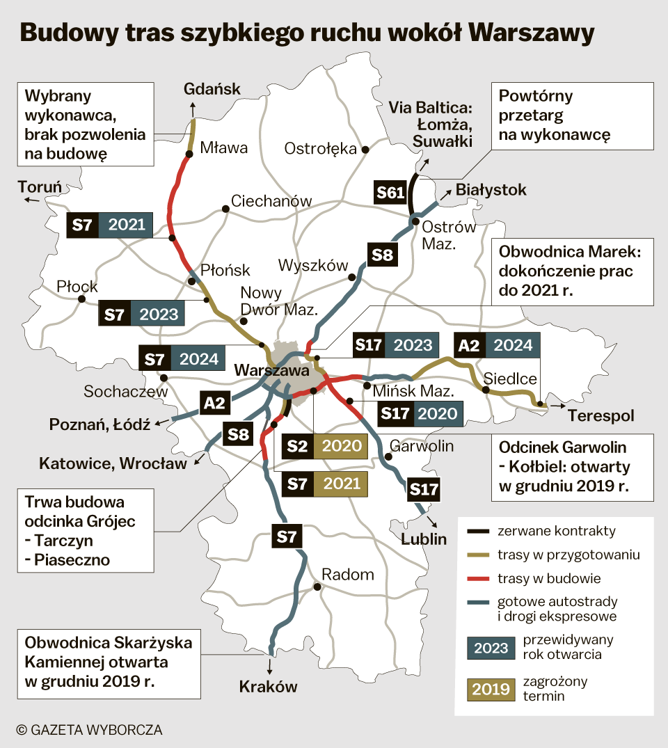 Duża obwodnica Warszawy z płatną autostradą A50. Mamy mapę z dokładnym ...
